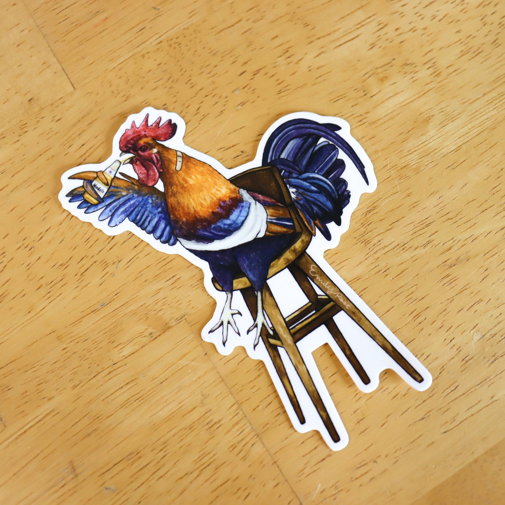 Rooster Drinking A Beer Sticker | Emily Rose Artistry